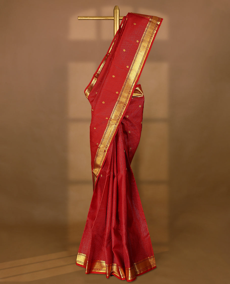 Red traditional Kancheepuram silk saree featuring antique zari check p
