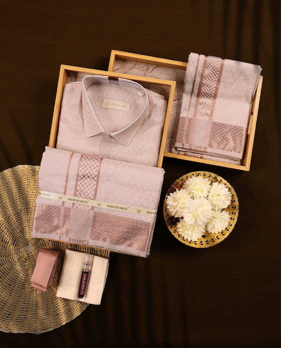Light Copper Colour silk wedding shirt, dhoti and towel set from MINIS