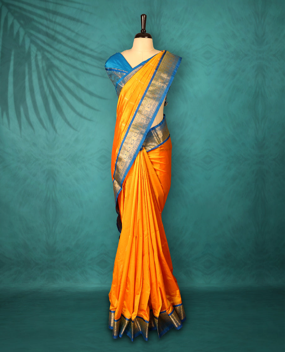 Mango Yellow colour Traditional Kancheepuram Silk saree with small gol