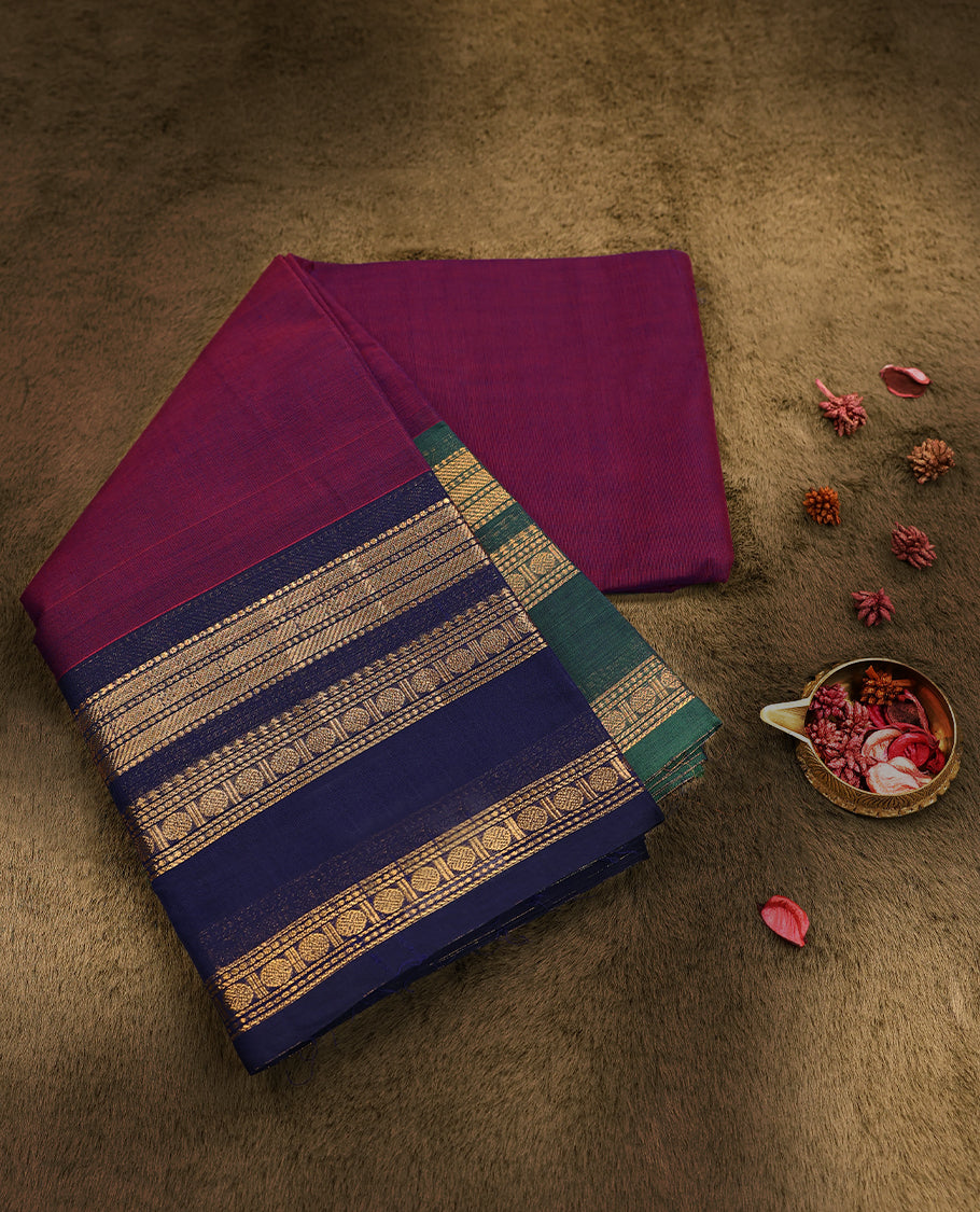 Grape Colour Mixed Chettinad Cotton Saree having plain Body with Ganga
