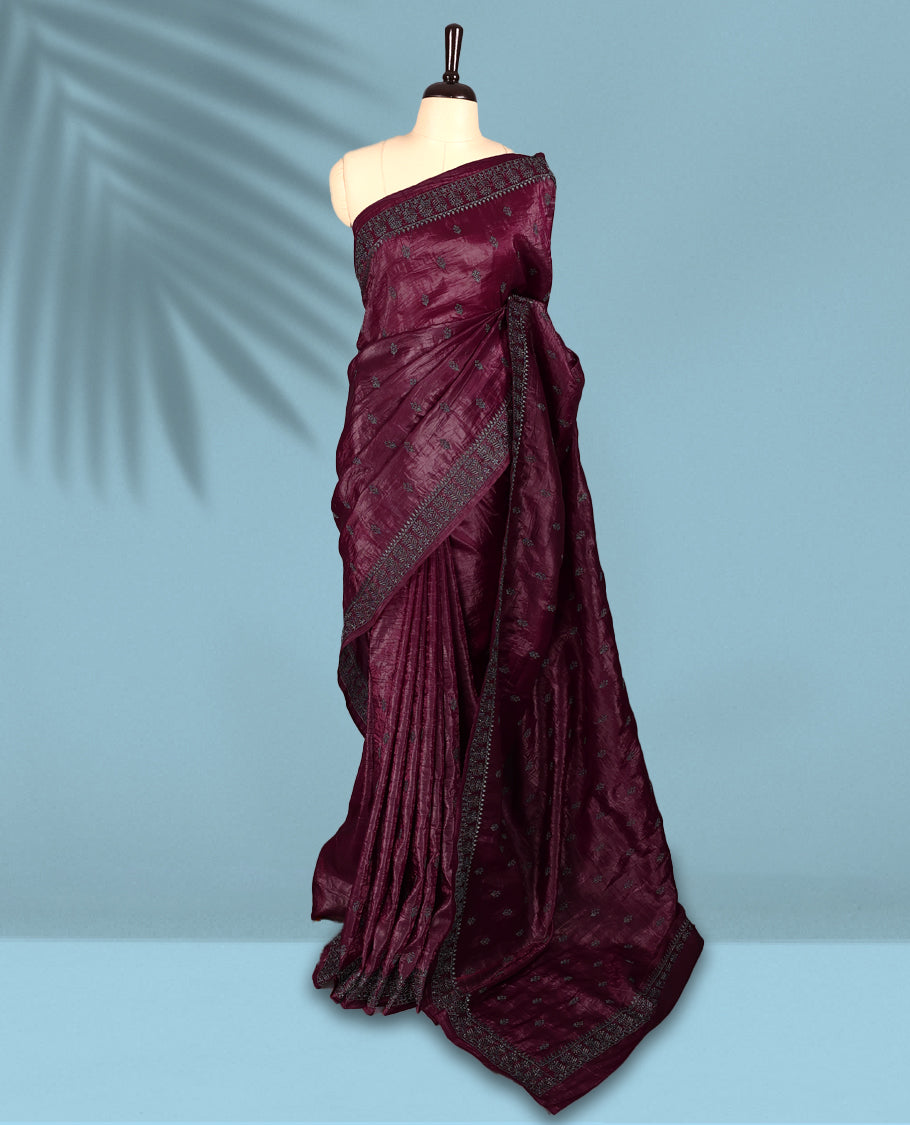 Maroon Colour crush soft silk saree, textured body with a natural crin