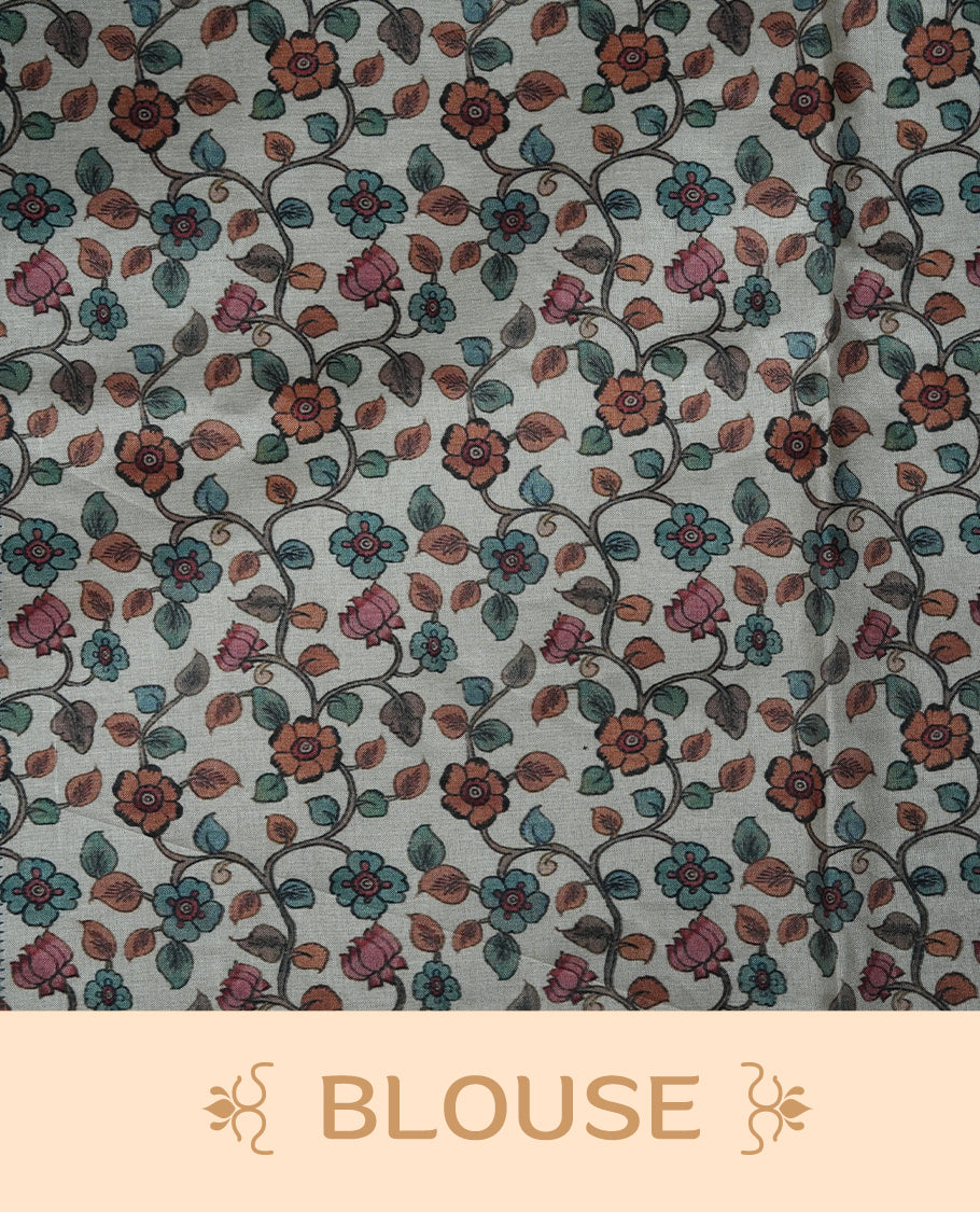 Lime green semi linen saree featuring hand painted floral and bird mot