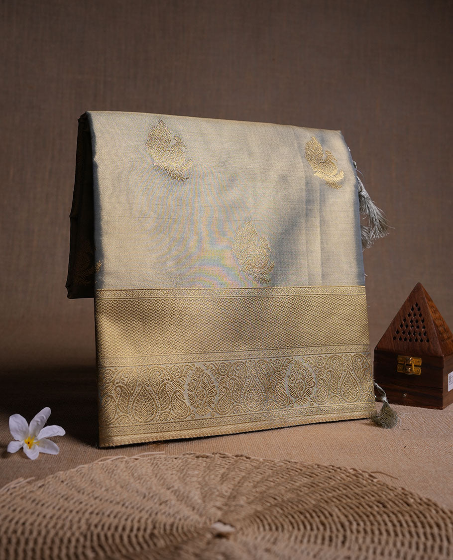 Dual tone light blue and gold colour Banaras tissue Silk saree featuri