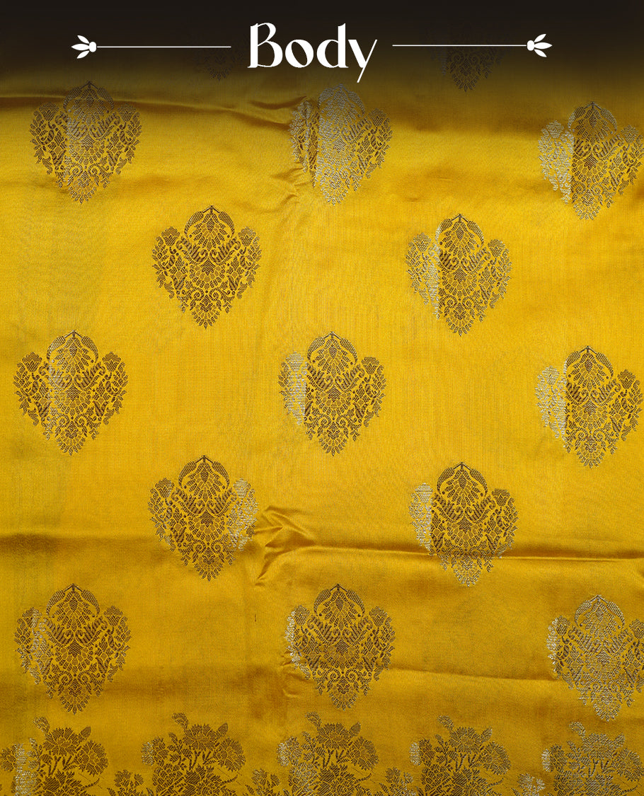 Yellow colour pure tussar Banarasi saree featuring Gold zari motifs on